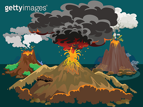 A set of volcanoes of varying degrees of eruption, a sleeping or ...