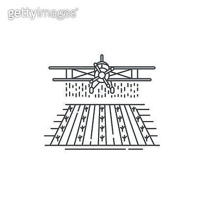 Farm crop duster above the field line icon. Outline illustration of ...