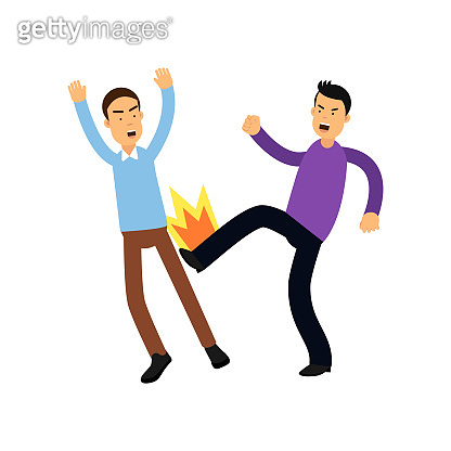 Cartoon illustration of aggressive bully in high kick pose beats weak ...
