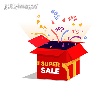 Box opening and exploding with fireworks, confetti and discounts. Super ...