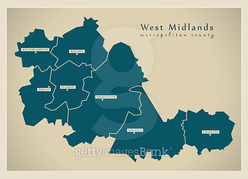Modern Map - West Midlands metropolitan county with cities and ...