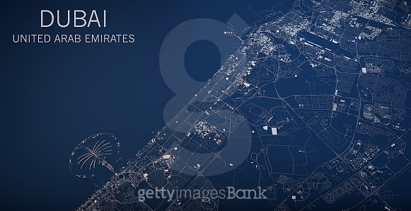 Map of Dubai, satellite view, city, United Arab Emirates (688441028) - 게티이미지뱅크