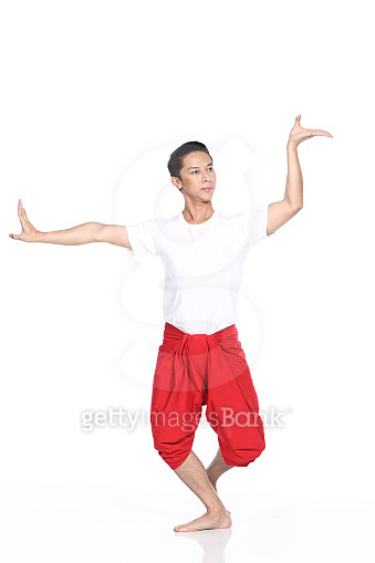 Asian Thai Tan Skin Man Classical Dance in white shirt red loincloth ...