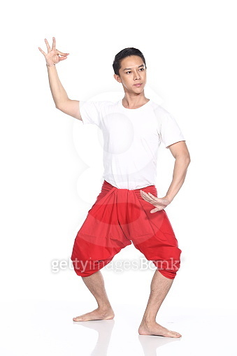 Asian Thai Tan Skin Man Classical Dance in white shirt red loincloth ...