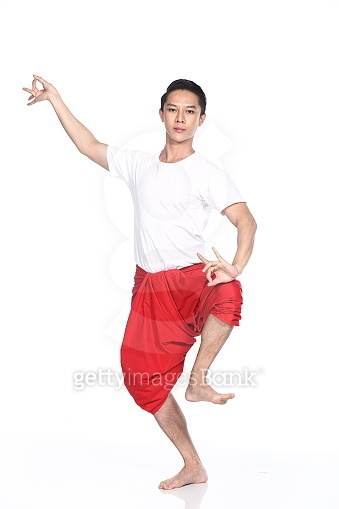 Asian Thai Tan Skin Man Classical Dance in white shirt red loincloth ...