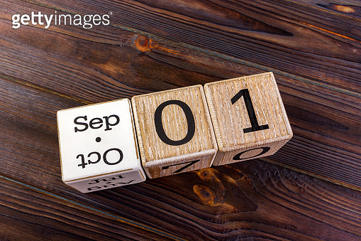 September 1 on a decorative calendar of large beige cubes isolated on ...