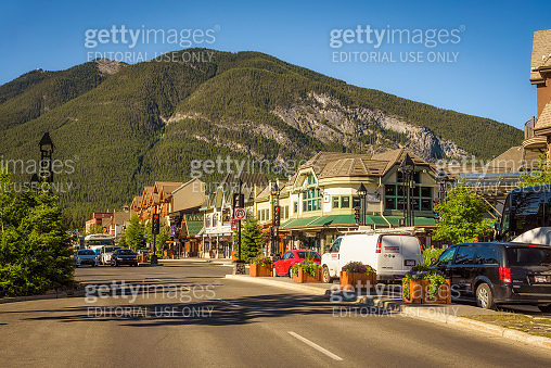 Street view of the famous Banff Avenue in Banff, Alberta (854995644 ...