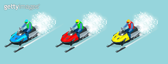 Man driving sports snowmobile set. Isometric vector illustration ...