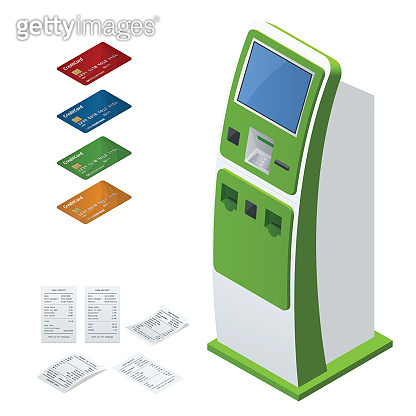 Isometric set vector online payment systems and self-service payments terminals, debit credit ...