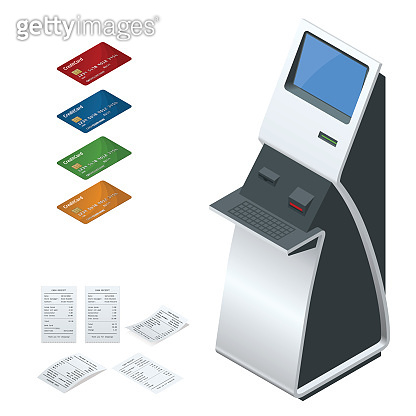 Isometric set vector online payment systems and self-service payments terminals, debit credit ...