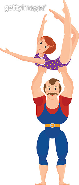 Strong athlete shows exercises for strength, supporting girl acrobat in ...