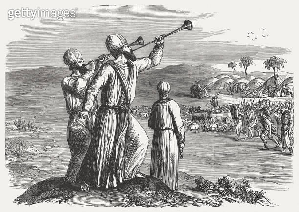 The silver trumpets (Numbers 10, 1-10), wood engraving, published 1886 ...