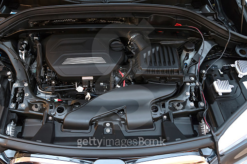 Automotive industrial part of modern new car engine room machine show ...