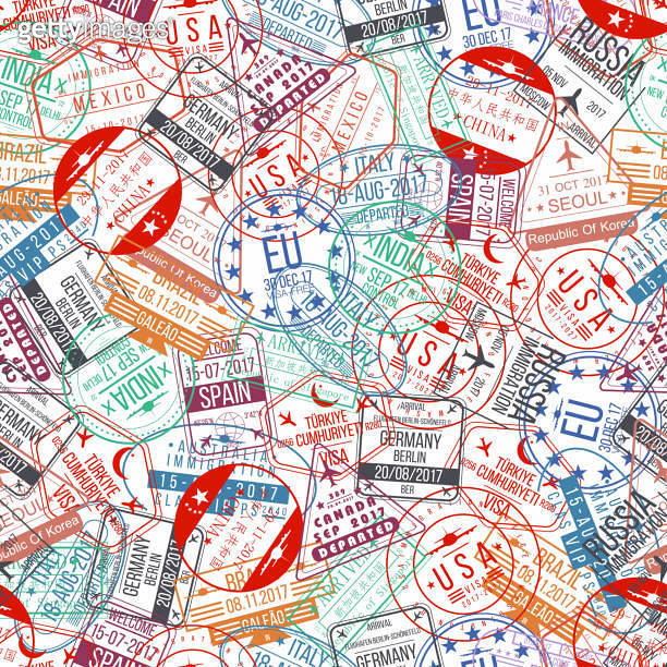 Passport stamp seamless pattern. International arrivals sign rubber ...