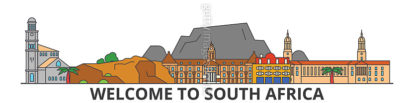 South Africa outline skyline, african flat thin line icons, landmarks ...