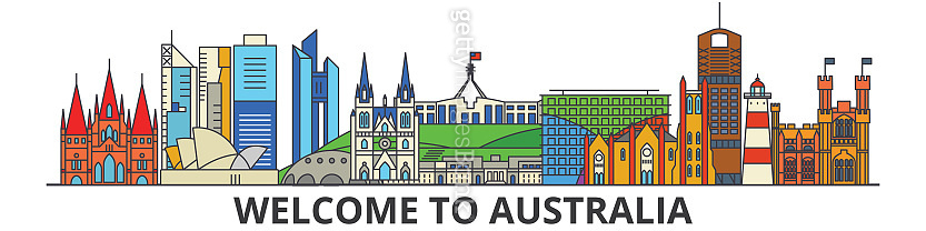 Australia outline skyline, australian flat thin line icons, landmarks ...