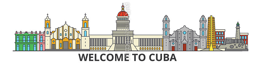 Cuba outline skyline, cuban flat thin line icons, landmarks ...