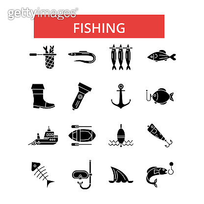 Fishing illustration, thin line icons, linear flat signs, vector ...
