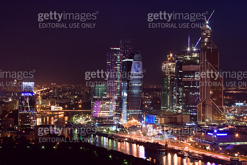 Aerial view from above of night megalopolis / city Moscow (Russia) at ...