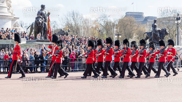 Royal Guards parade during traditional Changing of the Guards ceremony ...