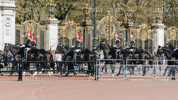 Royal Guards parade during traditional Changing of the Guards ceremony ...