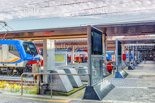 Modern high-speed passenger train stand on main railways station Venice ...