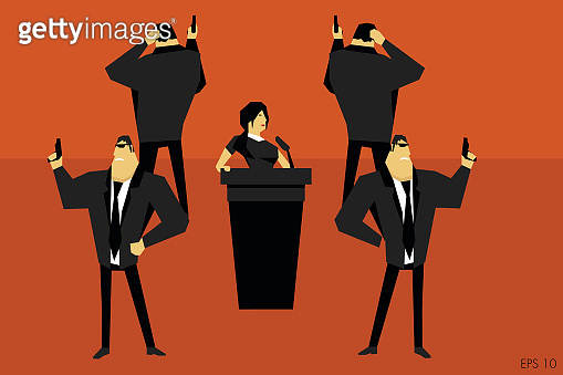 Press conference, a woman standing at rostrum gives interviews. 이미지 ...