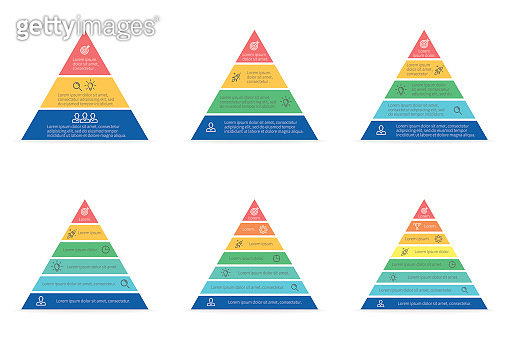 Business infographics. Triangle, pyramid with 3, 4, 5, 6, 7, 8 steps ...