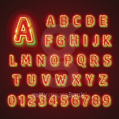 Red fluorescent neon font on dark background. Nightlight alphabet ...