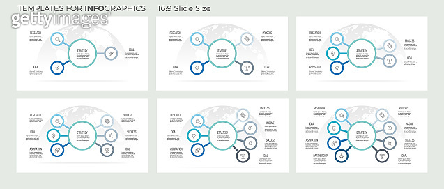 Business infographics. Organization charts with 3, 4, 5, 6, 7, 8 ...