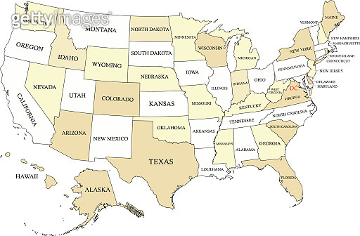 US map vector outlines with capital name and location, states names and ...