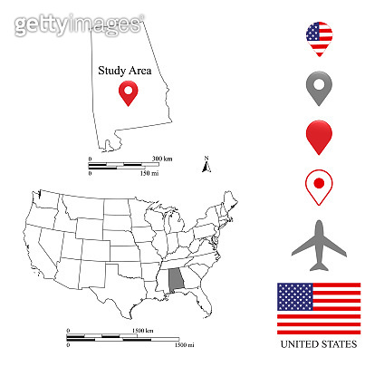 USA map scale vector outline illustration background. Alabama map ...