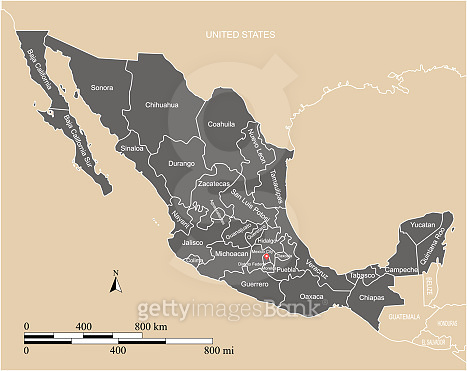 Mexico map vector outline with scales, states or provinces, neighbor ...