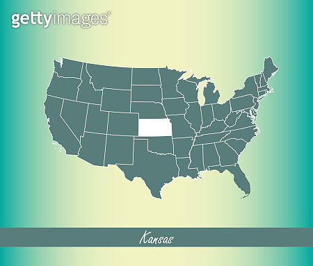 Kansas map vector outline illustration highlighted in USA map vector ...