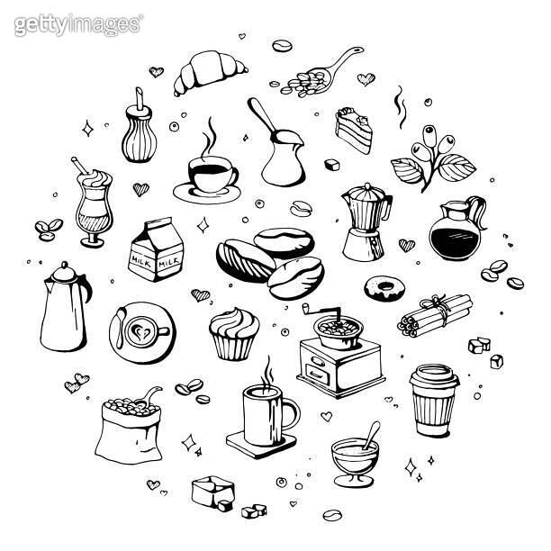 Doodle coffee shop icons. Vector outline coffee and tea drawings for ...