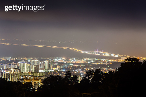 Aerial view of 2nd Penang Bridge view during light up from Balik Pulau ...