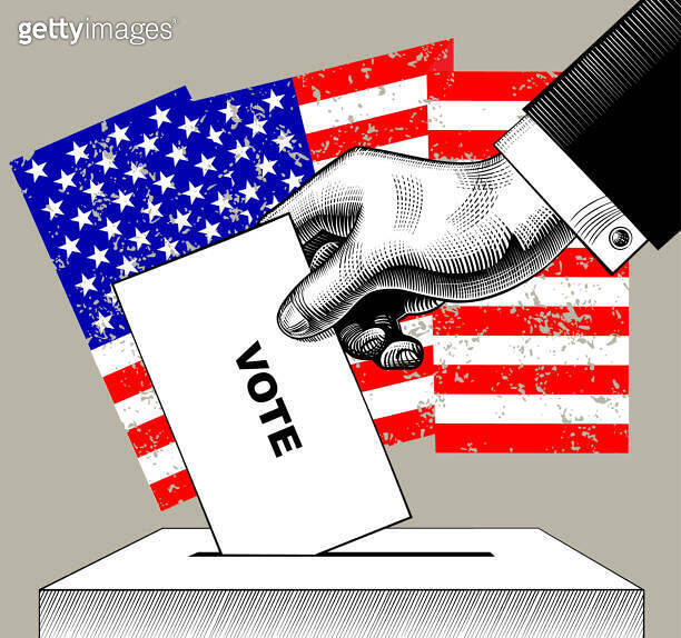 Hand putting voting paper in the ballot box on USA flag background ...