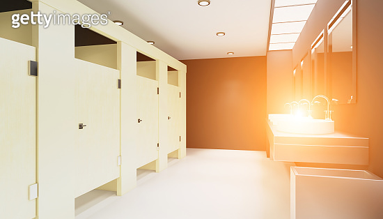 Public female restroom. 3D rendering. Sunset 이미지 (898095324) - 게티이미지뱅크