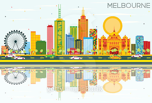 Melbourne Skyline with Color Buildings, Blue Sky and Reflections ...