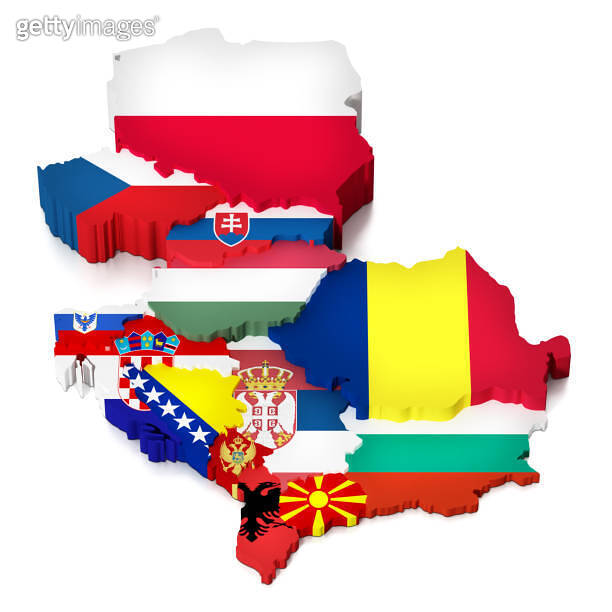 Eastern Europe countries with flags andvisible borders isolated on ...