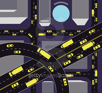 Highways with lots of cars and tracks. Map of traffic congestion and ...