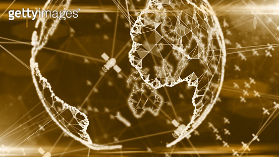 Global satellite communication orbiting Earth to relay digital signals ...