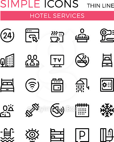 Hotel services and hotel facilities vector thin line icons set. Booking concepts. 32x32 px ...