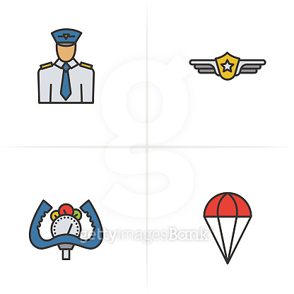 Pilot color icons set. Pilot label, aircraft control wheel, parachute ...