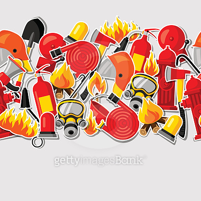 Seamless pattern with firefighting stickers. Fire protection equipment ...