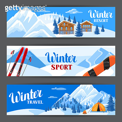Winter ski resort banners. Beautiful landscape with alpine chalet ...