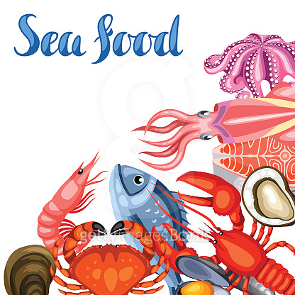 Background with various seafood. Illustration of fish, shellfish and ...