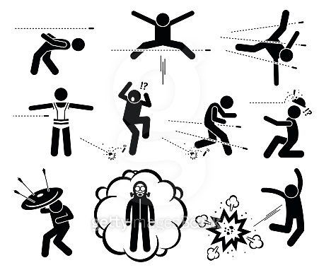 People jumping and evading gun bullet and explosion bomb attack ...