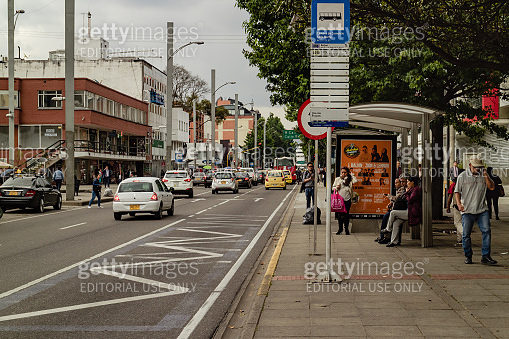 Bogotá, Colombia - Bus Stop on Carrera Quince and Traffic Moving ...
