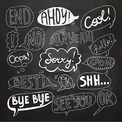 Hand drawn set of speech bubbles with handwritten text: Bye Bye,Sorry ...
